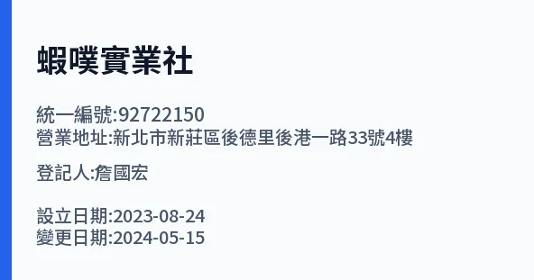 蝦噗實業社的照片-統編 92722150(新北市) 公司登記資料與營業項目詳細圖表