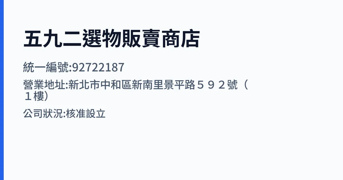 五九二選物販賣商店 - 統編 92722187(新北市) 公司登記資料與營業項目詳細圖表