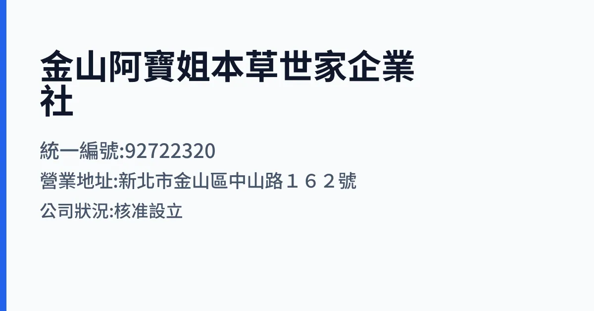 金山阿寶姐本草世家企業社 - 統編 92722320(新北市) 公司登記資料與營業項目詳細圖表