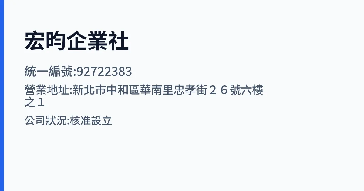 宏昀企業社 - 統編 92722383(新北市) 公司登記資料與營業項目詳細圖表