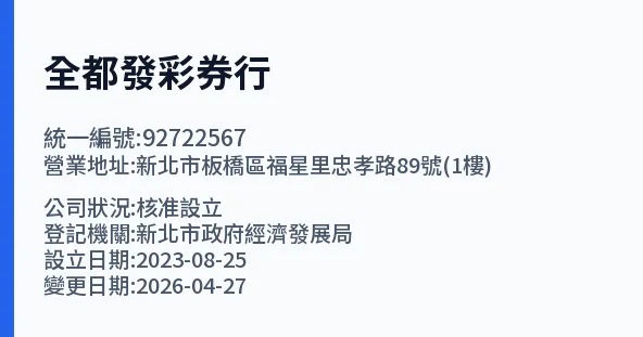 全都發彩券行的照片-統編 92722567(新北市) 公司登記資料與營業項目詳細圖表