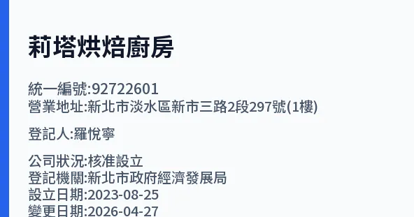 莉塔烘焙廚房的照片-統編 92722601(新北市) 公司登記資料與營業項目詳細圖表