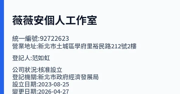 薇薇安個人工作室的照片-統編 92722623(新北市) 公司登記資料與營業項目詳細圖表