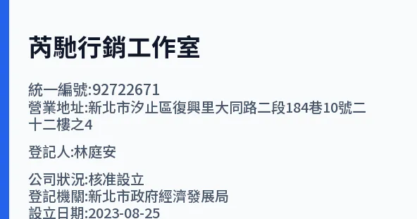芮馳行銷工作室的照片-統編 92722671(新北市) 公司登記資料與營業項目詳細圖表