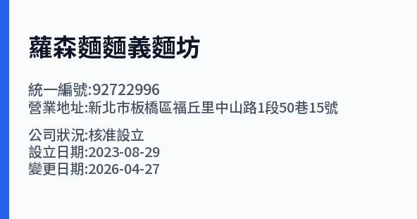蘿森麵麵義麵坊的照片-統編 92722996(新北市) 公司登記資料與營業項目詳細圖表