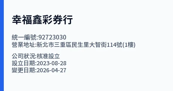 幸福鑫彩券行的照片-統編 92723030(新北市) 公司登記資料與營業項目詳細圖表