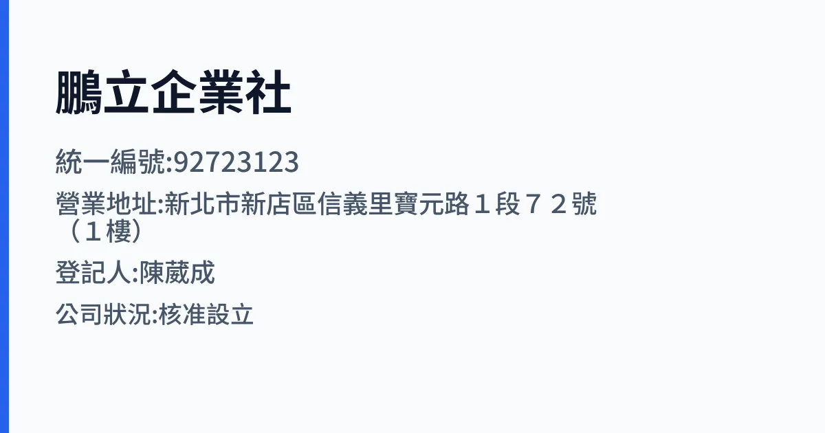 鵬立企業社 - 統編 92723123(新北市) 公司登記資料與營業項目詳細圖表