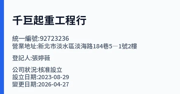 千巨起重工程行的照片-統編 92723236(新北市) 公司登記資料與營業項目詳細圖表