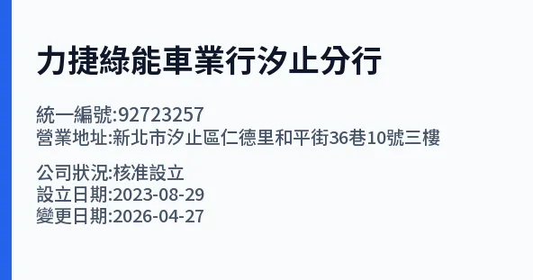 力捷綠能車業行汐止分行的照片-統編 92723257(新北市) 公司登記資料與營業項目詳細圖表