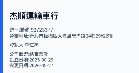 杰順運輸車行的照片-統編 92723377(新北市) 公司登記資料與營業項目詳細圖表