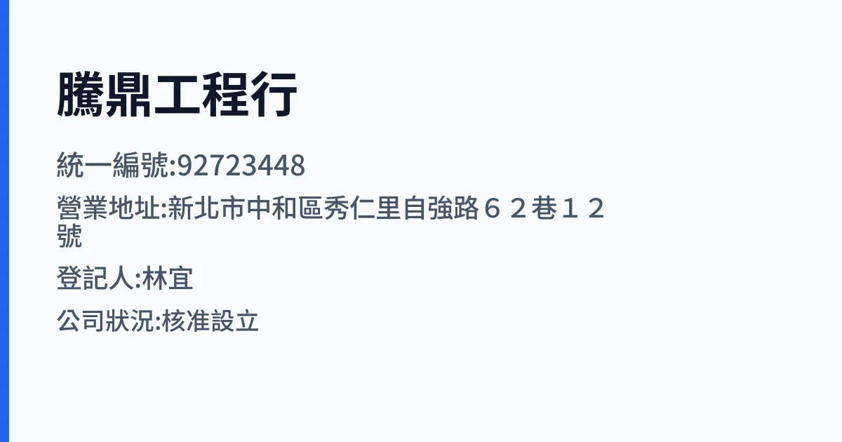 騰鼎工程行 - 統編 92723448(新北市) 公司登記資料與營業項目詳細圖表