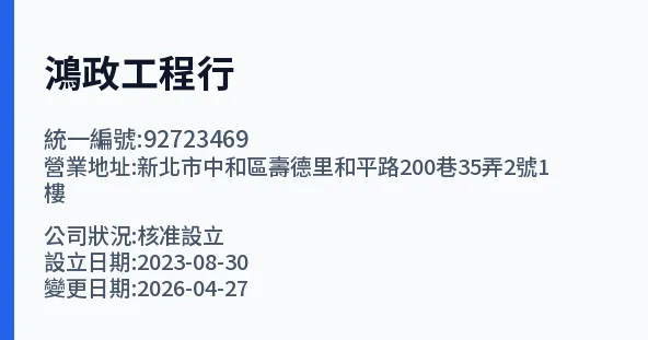 鴻政工程行的照片-統編 92723469(新北市) 公司登記資料與營業項目詳細圖表