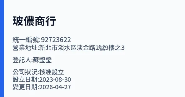 玻儂商行的照片-統編 92723622(新北市) 公司登記資料與營業項目詳細圖表