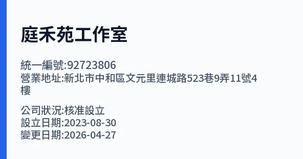 庭禾苑工作室的照片-統編 92723806(新北市) 公司登記資料與營業項目詳細圖表
