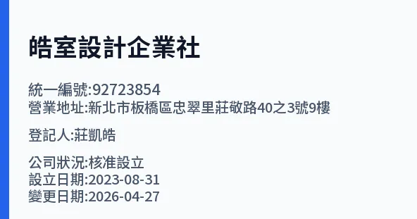 皓室設計企業社的照片-統編 92723854(新北市) 公司登記資料與營業項目詳細圖表
