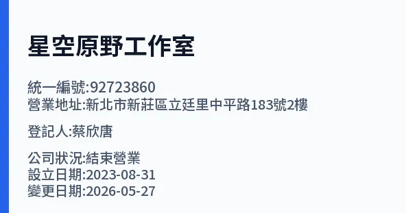 星空原野工作室的照片-統編 92723860(新北市) 公司登記資料與營業項目詳細圖表