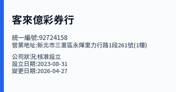 客來億彩券行的照片-統編 92724158(新北市) 公司登記資料與營業項目詳細圖表
