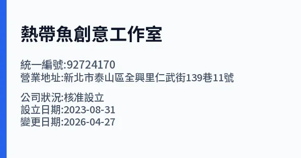 熱帶魚創意工作室的照片-統編 92724170(新北市) 公司登記資料與營業項目詳細圖表