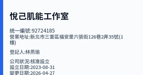 悅己肌能工作室的照片-統編 92724185(新北市) 公司登記資料與營業項目詳細圖表