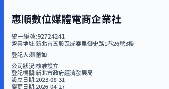 惠順數位媒體電商企業社的照片-統編 92724241(新北市) 公司登記資料與營業項目詳細圖表
