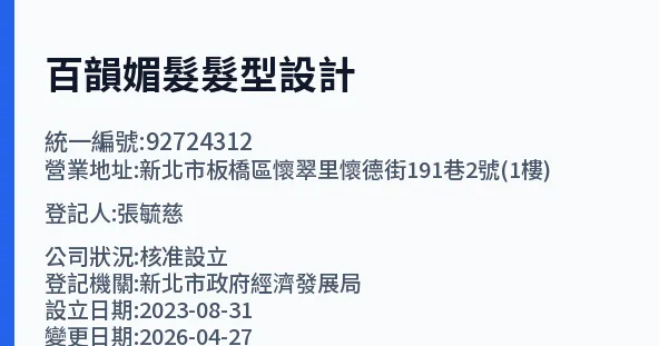 百韻媚髮髮型設計的照片-統編 92724312(新北市) 公司登記資料與營業項目詳細圖表