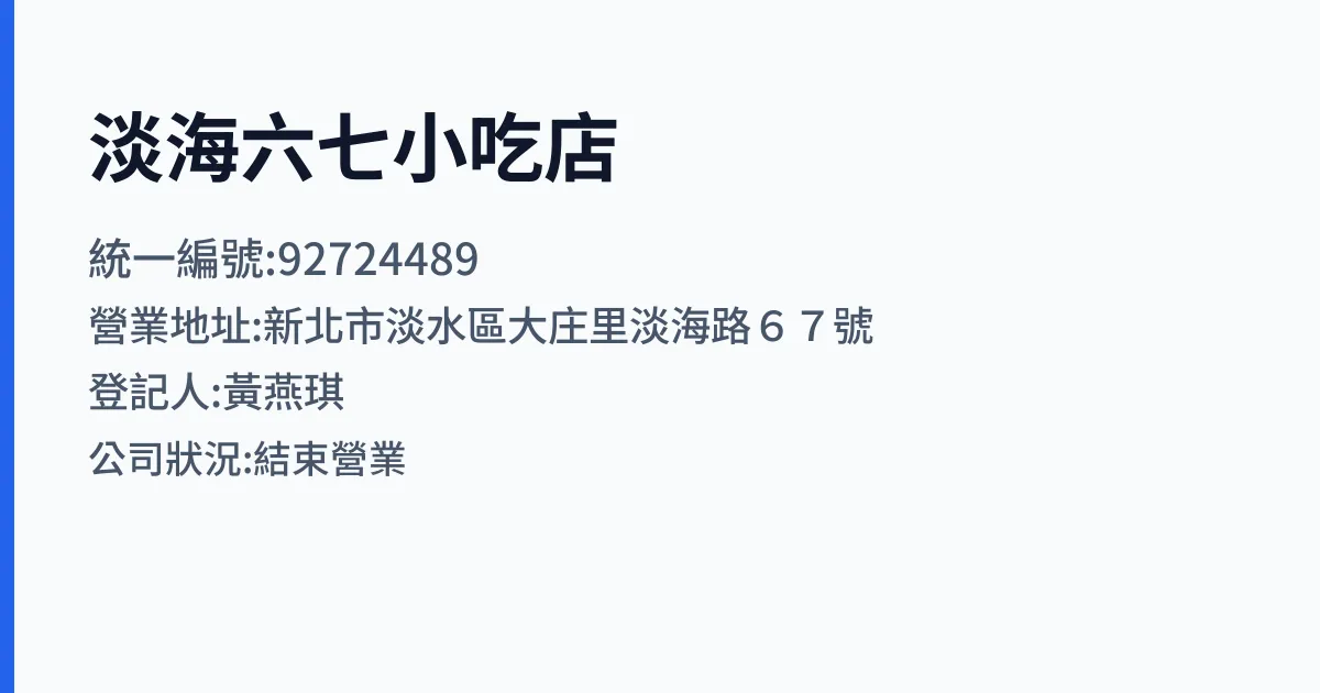 淡海六七小吃店 - 統編 92724489(新北市) 公司登記資料與營業項目詳細圖表