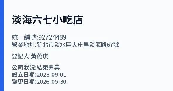 淡海六七小吃店的照片-統編 92724489(新北市) 公司登記資料與營業項目詳細圖表