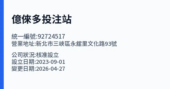 億倈多投注站的照片-統編 92724517(新北市) 公司登記資料與營業項目詳細圖表