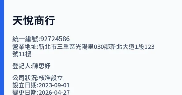 天悅商行的照片-統編 92724586(新北市) 公司登記資料與營業項目詳細圖表