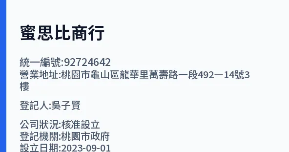 蜜思比商行的照片-統編 92724642(桃園市) 公司登記資料與營業項目詳細圖表