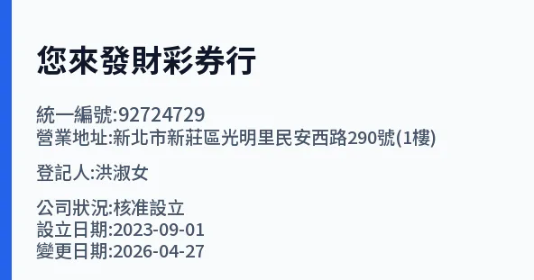 您來發財彩券行的照片-統編 92724729(新北市) 公司登記資料與營業項目詳細圖表