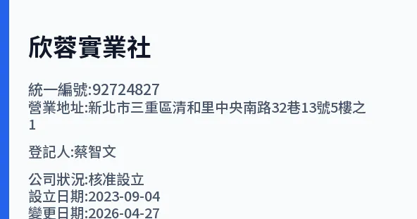 欣蓉實業社的照片-統編 92724827(新北市) 公司登記資料與營業項目詳細圖表