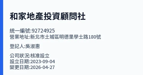 和家地產投資顧問社的照片-統編 92724925(新北市) 公司登記資料與營業項目詳細圖表