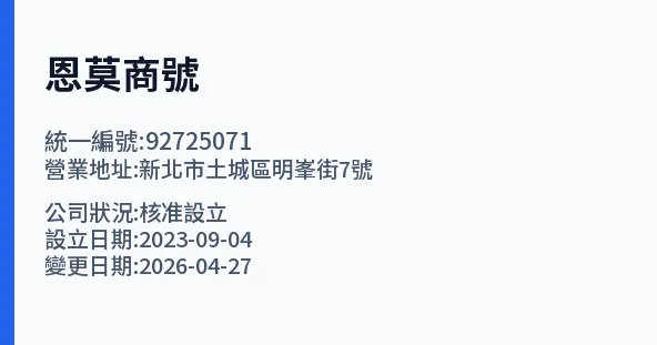 恩莫商號的照片-統編 92725071(新北市) 公司登記資料與營業項目詳細圖表
