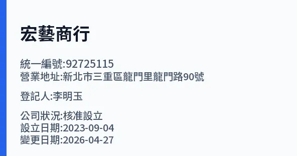 宏藝商行的照片-統編 92725115(新北市) 公司登記資料與營業項目詳細圖表