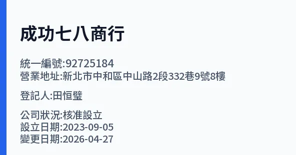 成功七八商行的照片-統編 92725184(新北市) 公司登記資料與營業項目詳細圖表