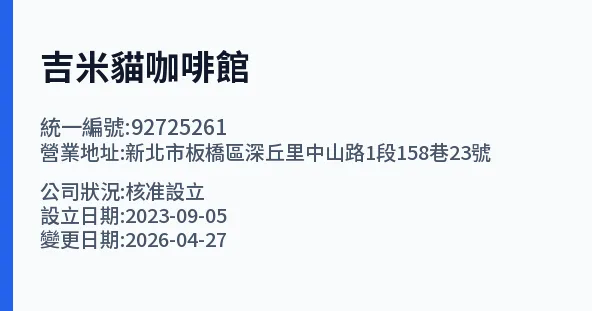 吉米貓咖啡館的照片-統編 92725261(新北市) 公司登記資料與營業項目詳細圖表