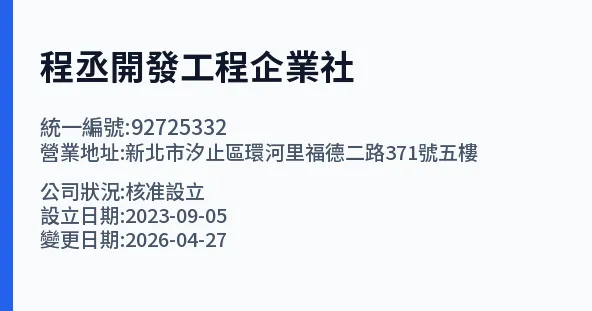 程丞開發工程企業社的照片-統編 92725332(新北市) 公司登記資料與營業項目詳細圖表