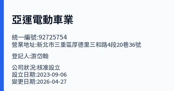 亞運電動車業的照片-統編 92725754(新北市) 公司登記資料與營業項目詳細圖表