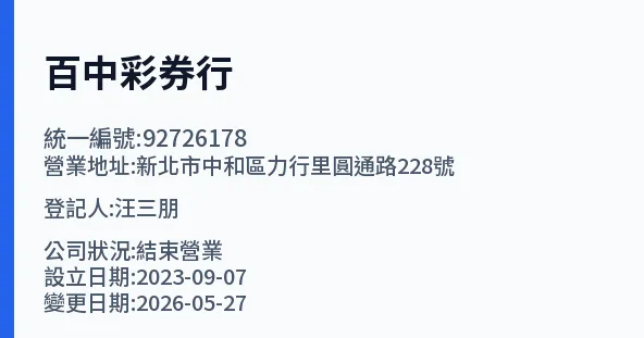 百中彩券行的照片-統編 92726178(新北市) 公司登記資料與營業項目詳細圖表