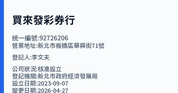 買來發彩券行的照片-統編 92726206(新北市) 公司登記資料與營業項目詳細圖表