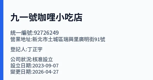 九一號咖哩小吃店的照片-統編 92726249(新北市) 公司登記資料與營業項目詳細圖表