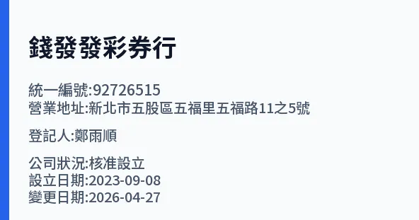 錢發發彩券行的照片-統編 92726515(新北市) 公司登記資料與營業項目詳細圖表