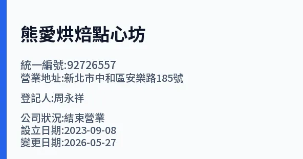 熊愛烘焙點心坊的照片-統編 92726557(新北市) 公司登記資料與營業項目詳細圖表