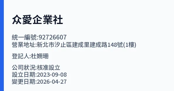 众愛企業社的照片-統編 92726607(新北市) 公司登記資料與營業項目詳細圖表