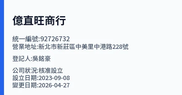 億直旺商行的照片-統編 92726732(新北市) 公司登記資料與營業項目詳細圖表