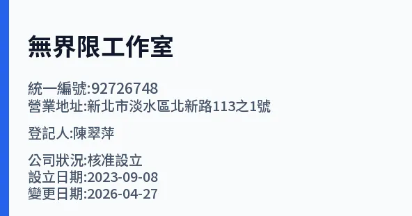 無界限工作室的照片-統編 92726748(新北市) 公司登記資料與營業項目詳細圖表