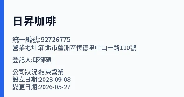 日昇咖啡的照片-統編 92726775(新北市) 公司登記資料與營業項目詳細圖表