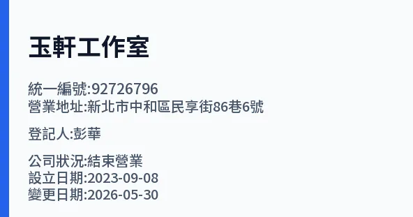 玉軒工作室的照片-統編 92726796(新北市) 公司登記資料與營業項目詳細圖表