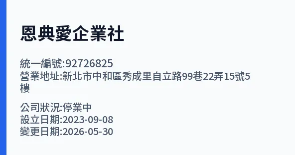 恩典愛企業社的照片-統編 92726825(新北市) 公司登記資料與營業項目詳細圖表